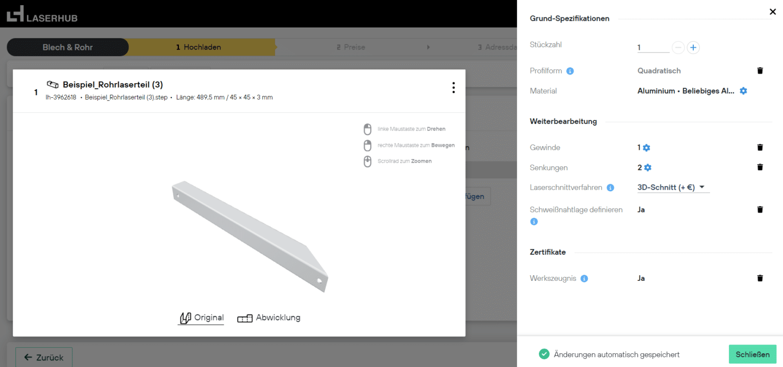 Rohrteile mit Gewinden, Senkungen, 3D-Schnitt und Schweißnähten