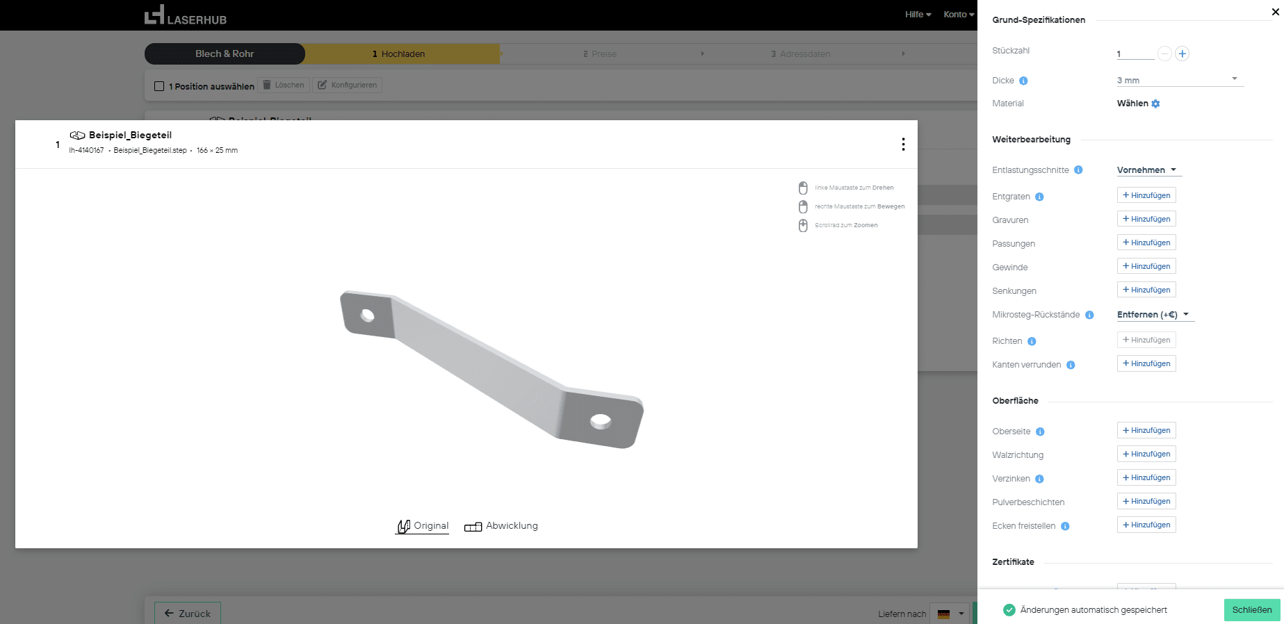 Falzbiegung, Stufenbiegung, Radiusbiegung, freies Biegen